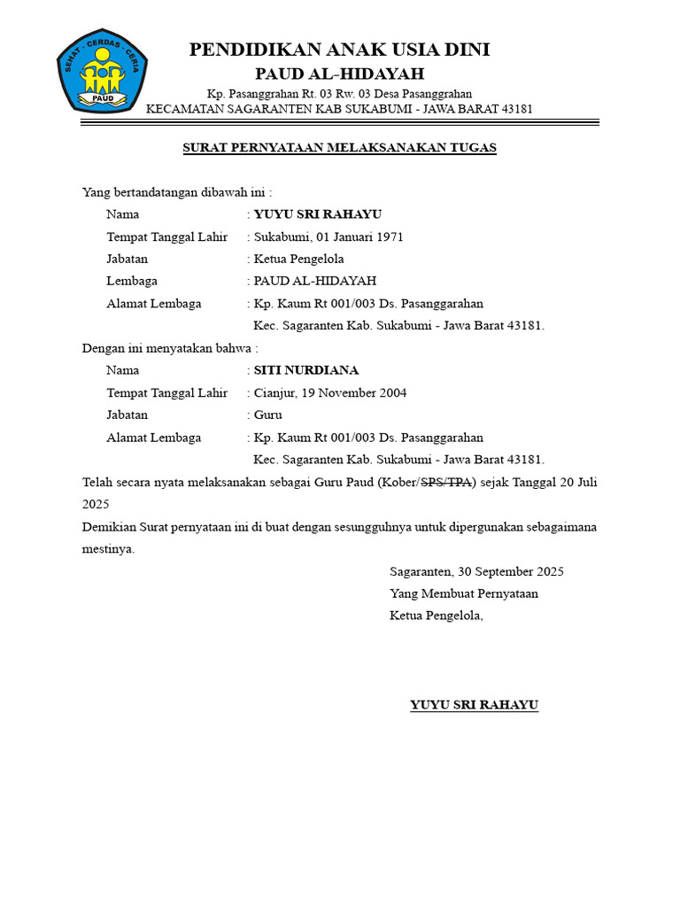 Surat Pernyataan Melaksanakan Tugas | PDF