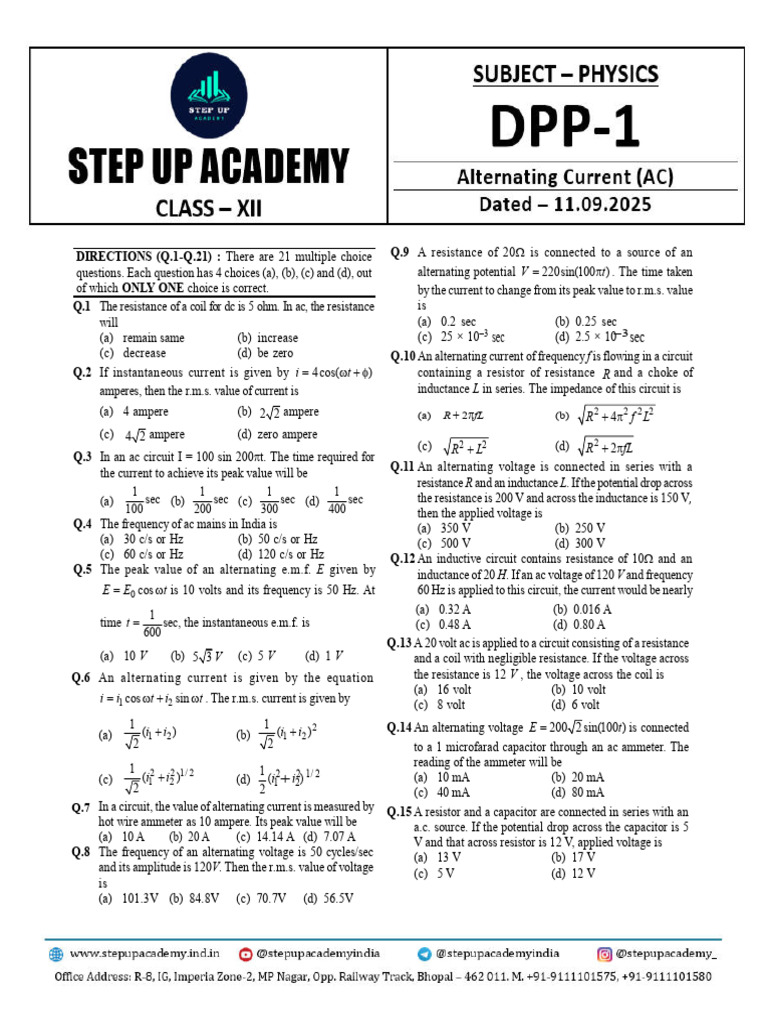 12th Physics DPP - 1 Alternating Current 11-09-2025 | PDF | Inductor ...