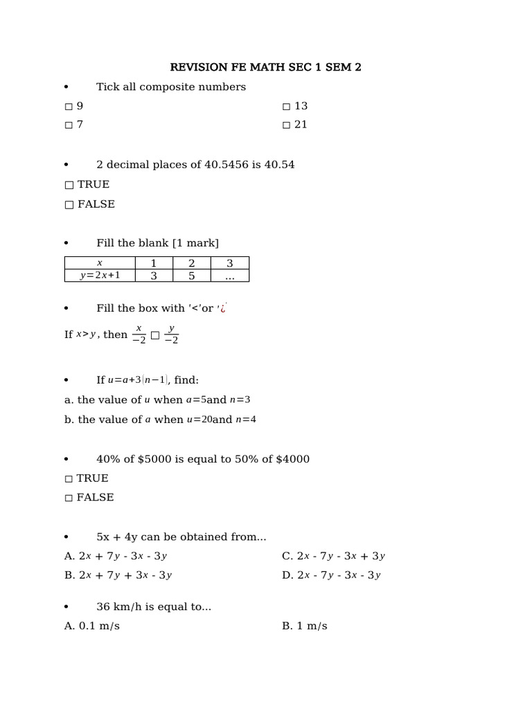 2223 Revision Fe Math Sec 1 Sem 2 | PDF | Area | Length