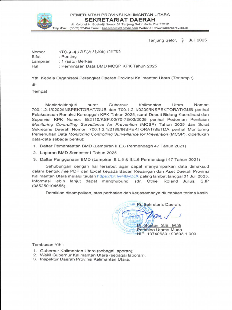 Permintaan Data BMD MCSP KPK Tahun 2025 | PDF