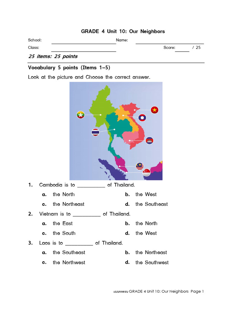 Grade 4: Our Neighbors Quiz | PDF | Laos | Thailand