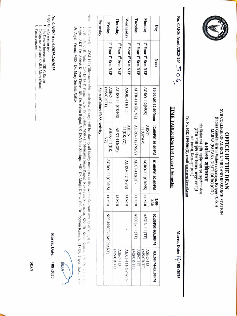 B.Sc Agriculture 1st Year Timetable 2025 | PDF