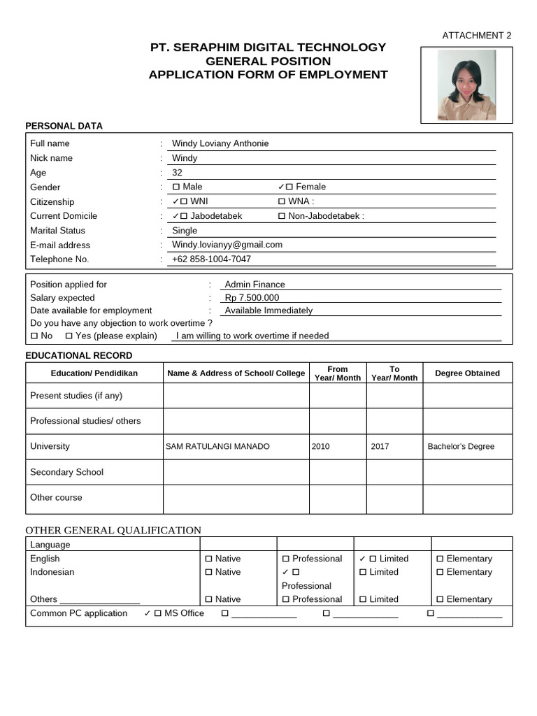 Employment Application for Admin Finance | PDF | Justice | Crime & Violence