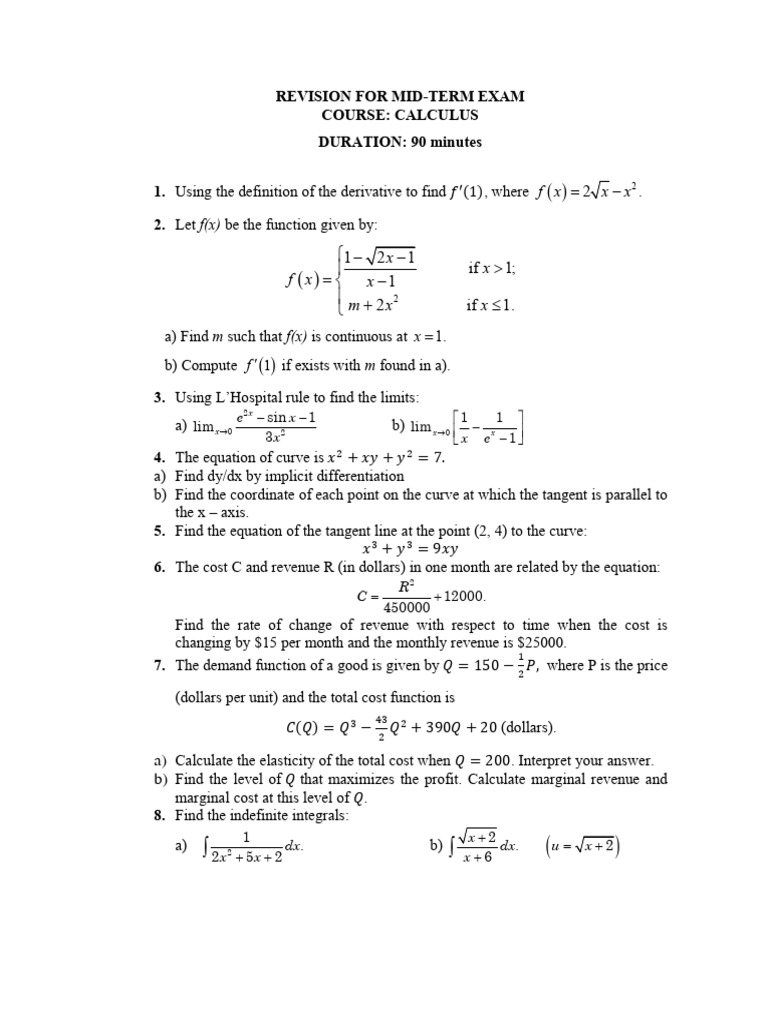 Exercises For Midterm - Exam | PDF | Tangent | Price Elasticity Of Demand