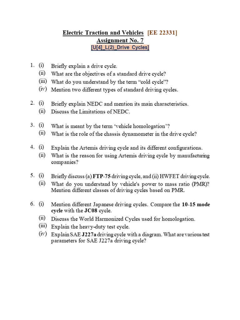 Electric Traction and Vehicles Assignment No. 7: (U (4) - L (2) - Drive Cycles) | PDF