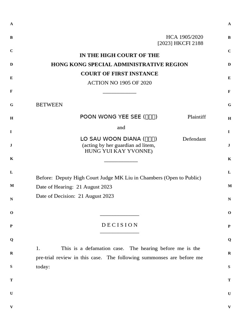 HCA001905A - 2020 Poon Wong Yee See | PDF | Defamation | Summons