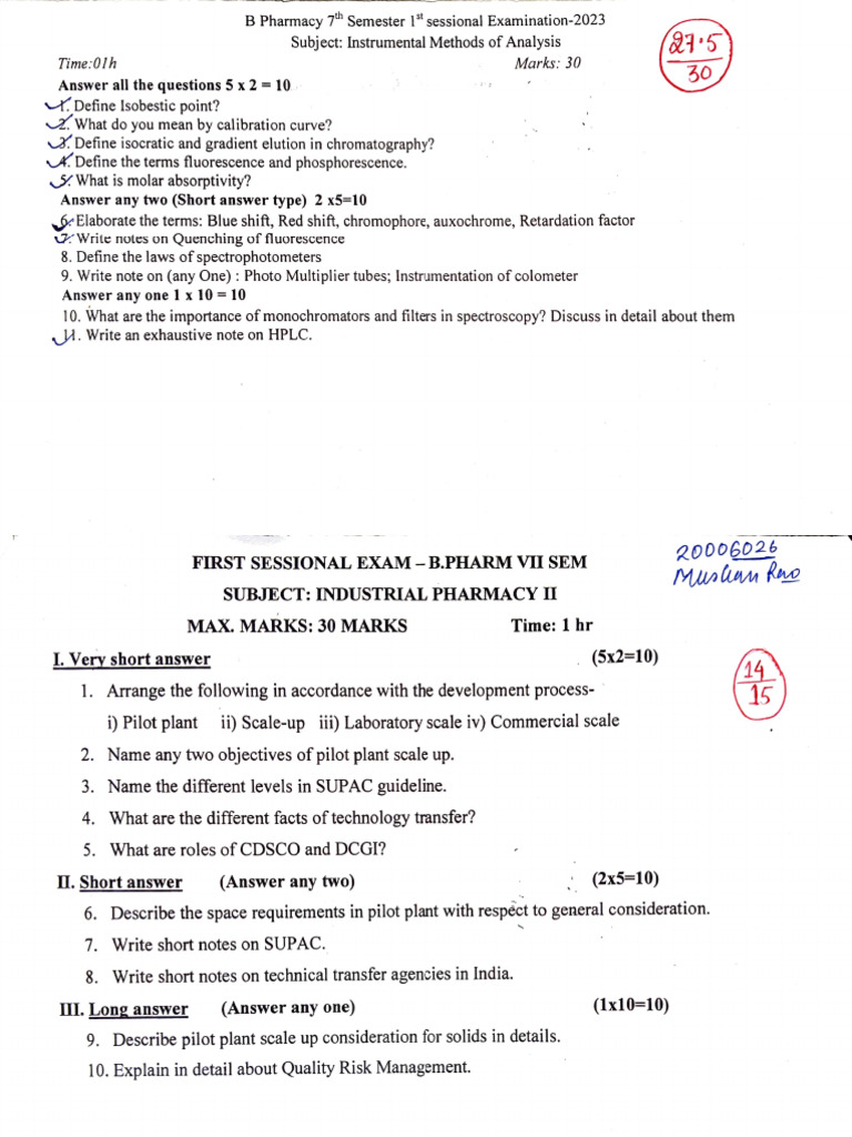 7th Sem Question Papers 2023 | PDF | Pharmacy | Liposome