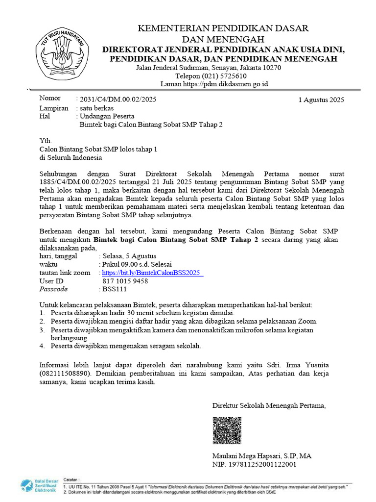 PESDIK - 5 Agustus-2025 - Undangan Peserta Bimtek CBSS Tahap 2 - Oks | PDF