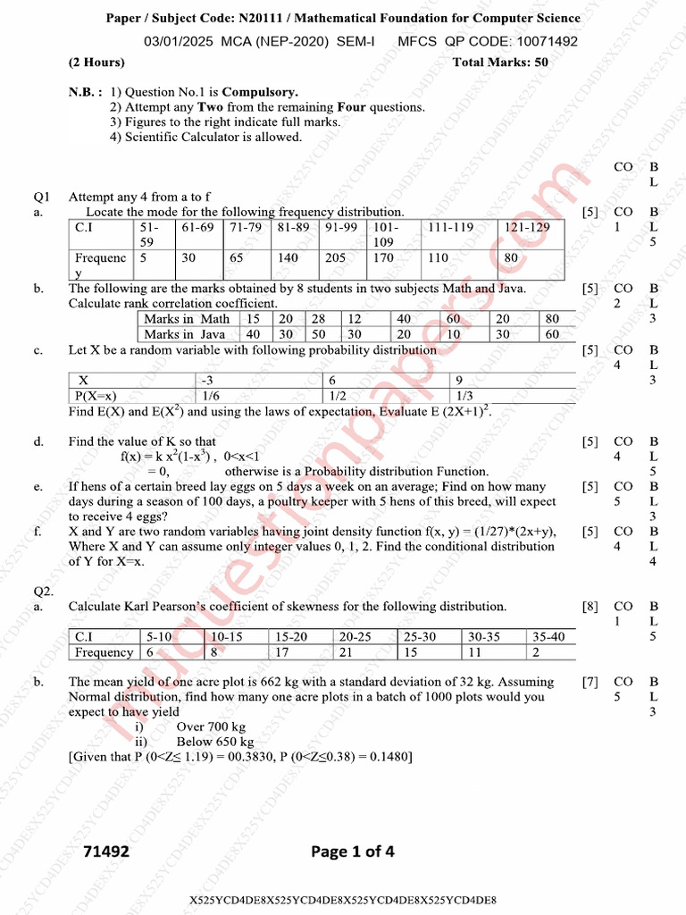 Technology - Mca Master of Computer Applications - Semester 1 - 2024 - December - Mathematical ...