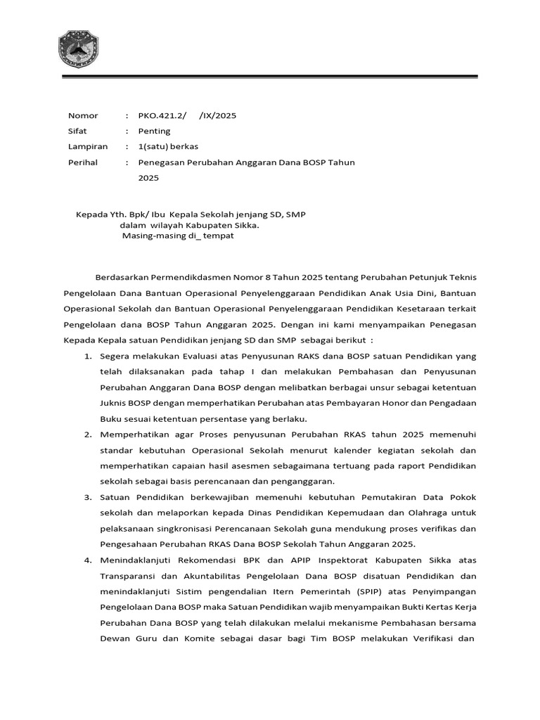 Penegasan Perubahan Anggaran BOSP 2025 | PDF