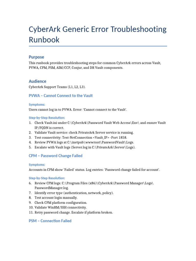 CyberArk Generic Error Troubleshooting Runbook | PDF | Password ...