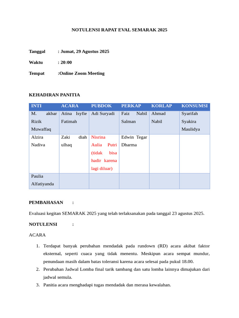 Notulensi Rapat Teknis Semarak 2025 | PDF