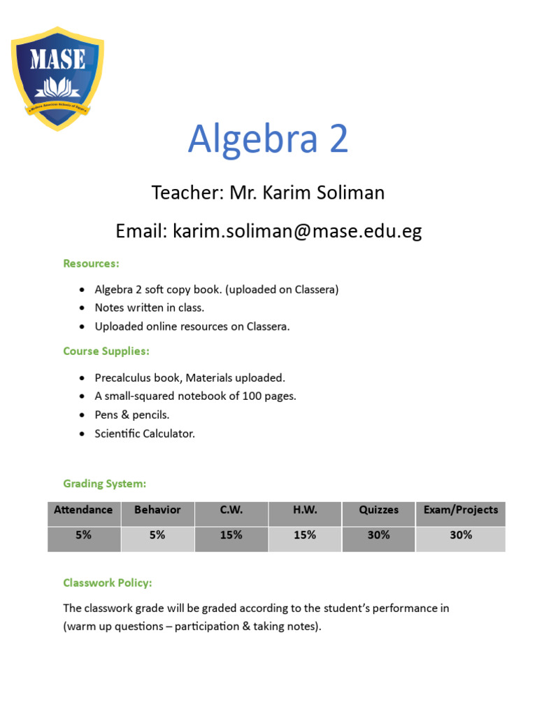 Algebra 2 Welcome Letter | PDF | Homework | Teachers