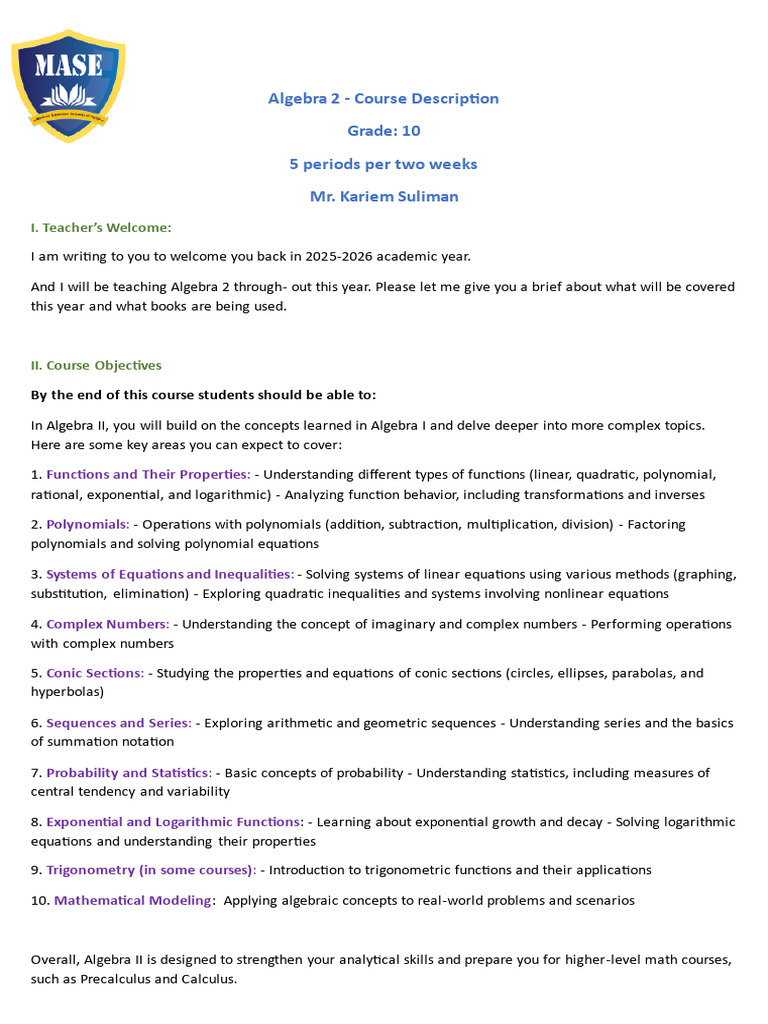 Algebra 2 Course Outline 25-26 | PDF | Algebra | Equations