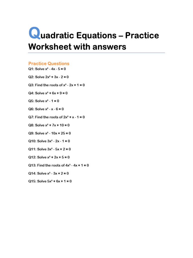 Quadratic Equations Practice Set - 15 Problems With Solutions | PDF