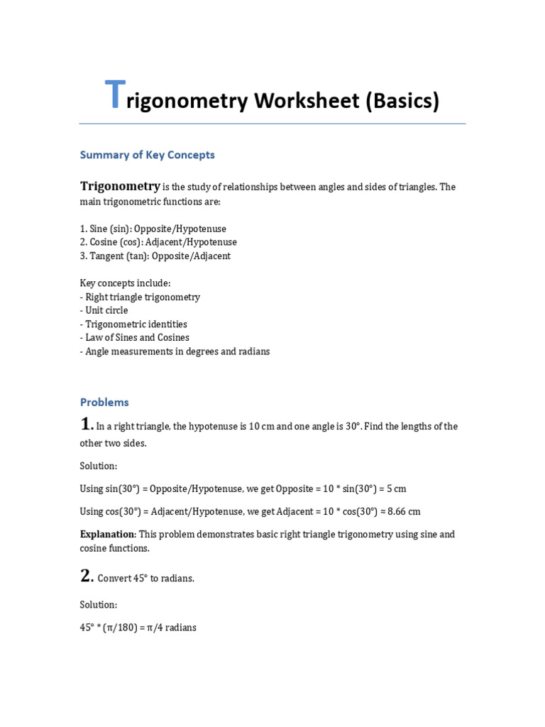 Trigonometry Basics Explained With Solved Examples Pdf Worksheet