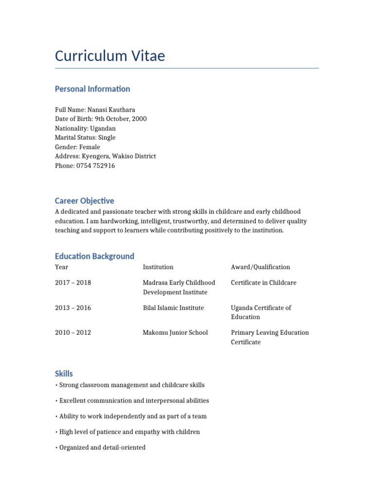 Ugandan Teacher CV: Childcare Specialist | PDF