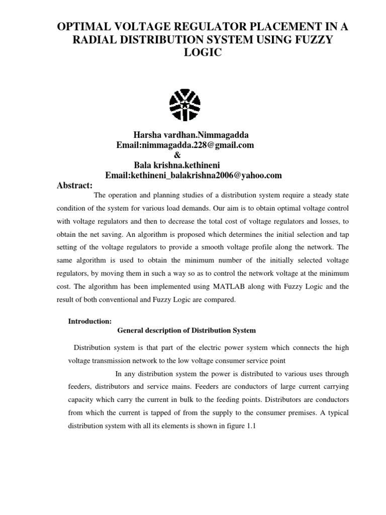 Optimal Voltage Regulator Placement in A Radial Distribution System Using Fuzzy Logic 2 ...