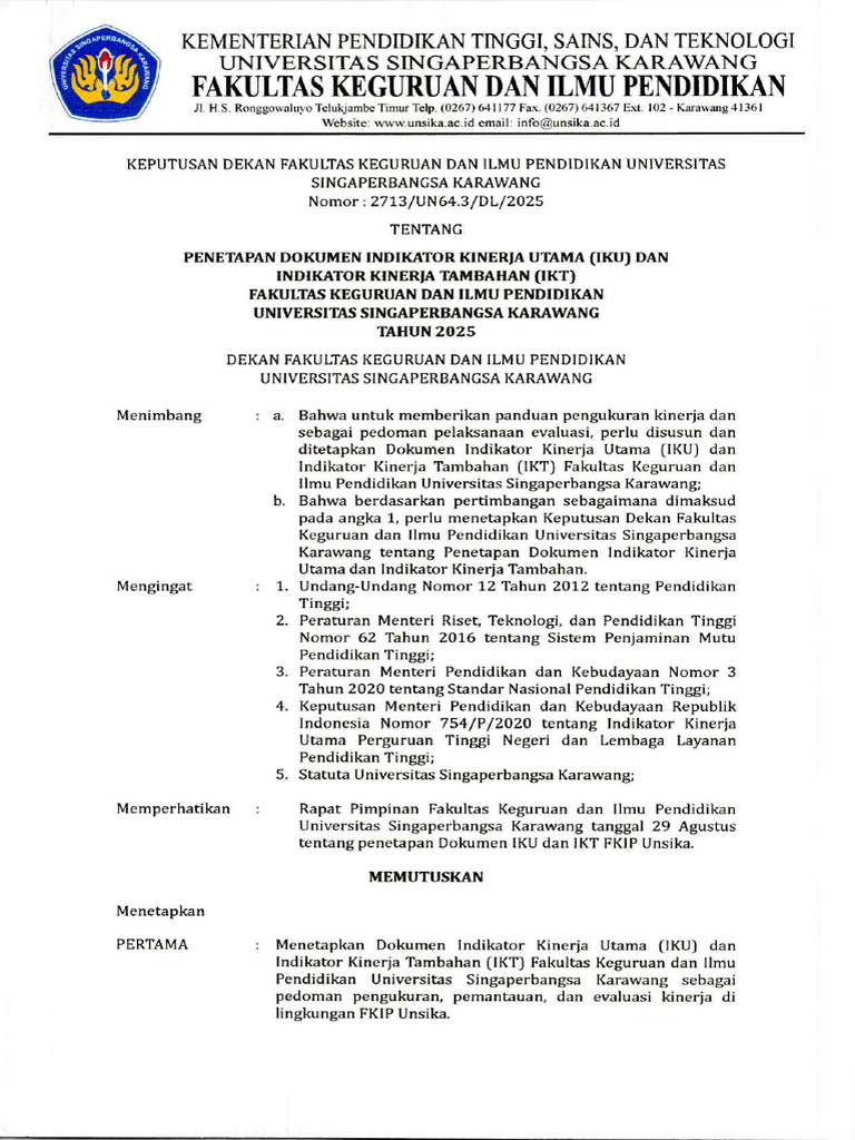 SK Penetapan Dokumen IKU Dan IKT FKIP Unsika Tahun 2025 | PDF