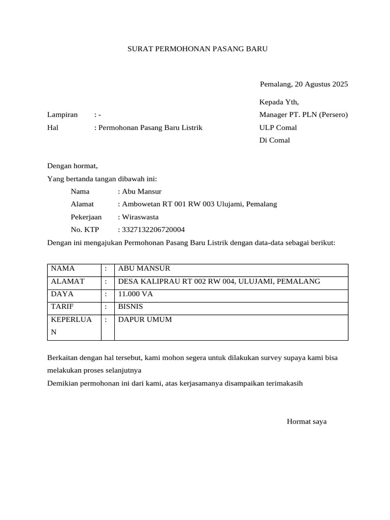 Surat Permohonan Pasang Baru Listrik-1 | PDF