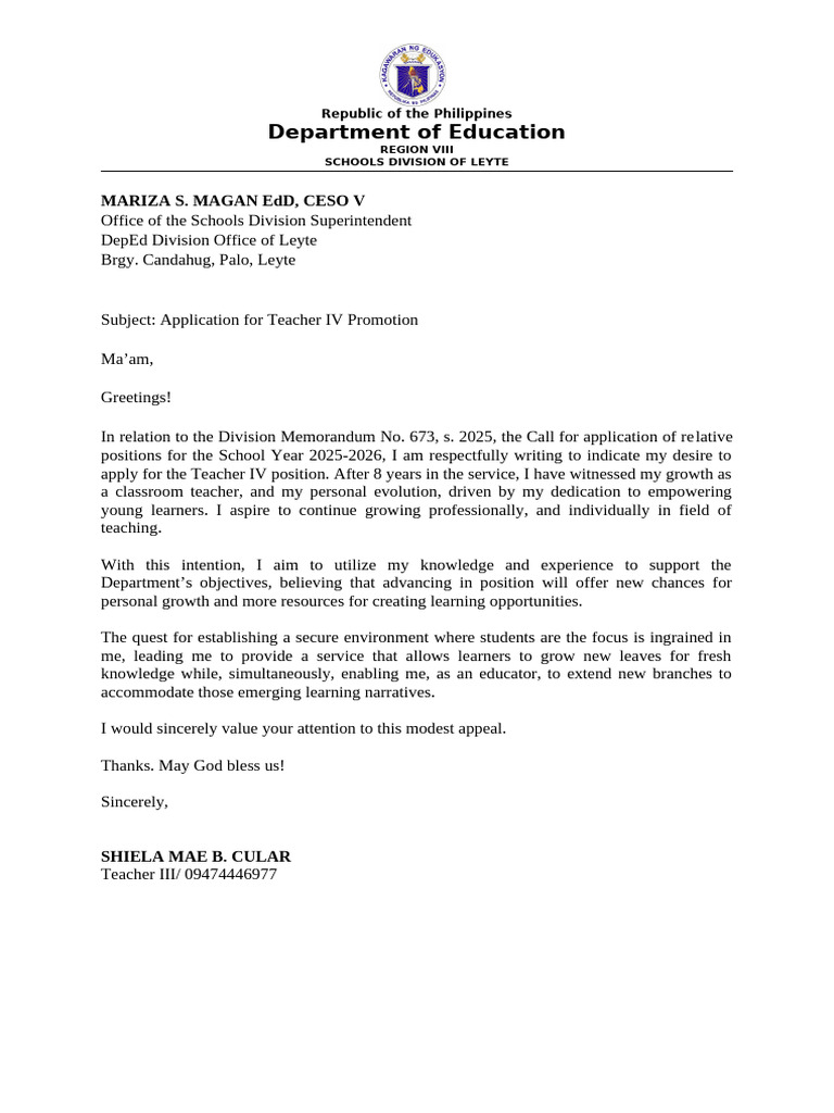 Letter of Intent For Teacher IV Promotion | PDF