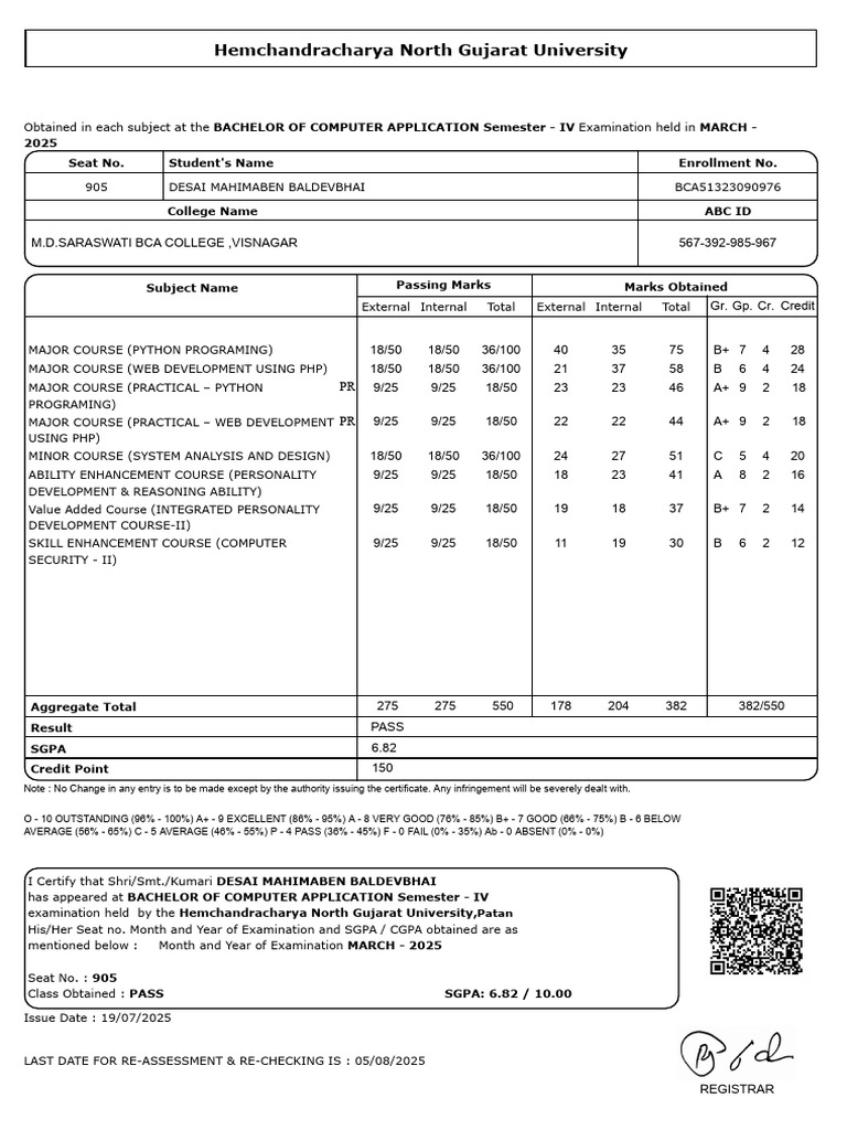BCA Semester IV Provisional Marksheet | PDF | Educational Stages