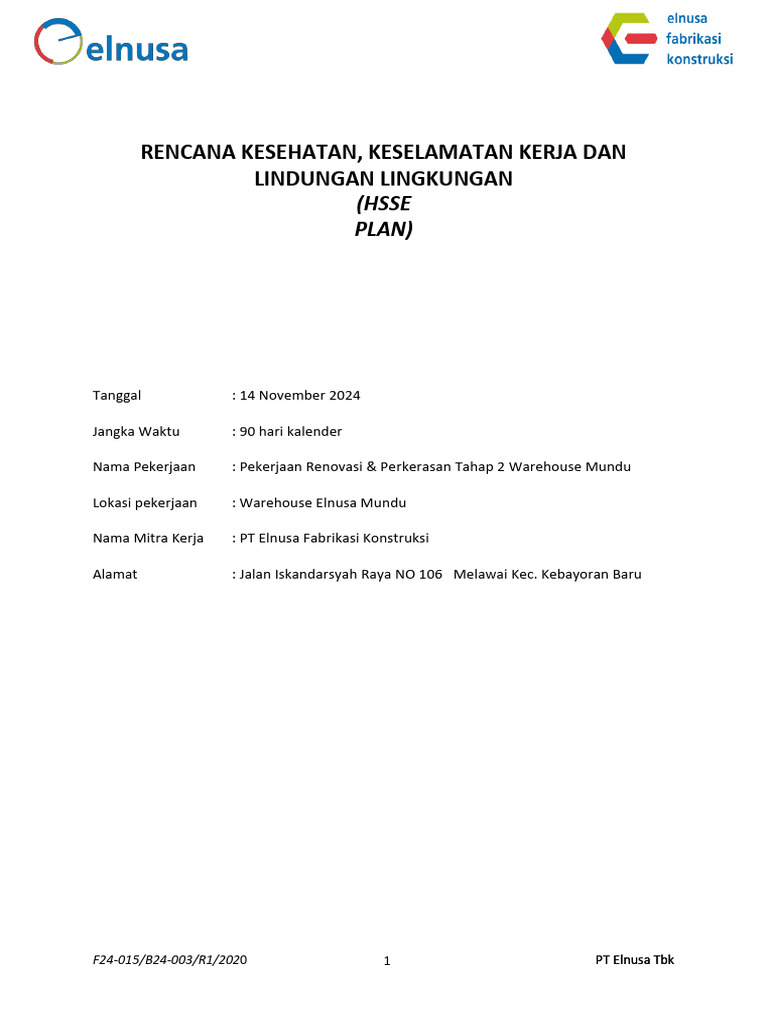 HSSE Plan Pekerjaan Pembangunan Warehouse Mundu (1) | PDF