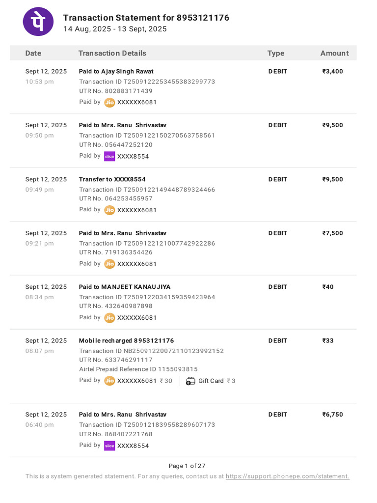 PhonePe Statement Aug2025 Sept2025 | PDF | Debit Card | Debits And Credits