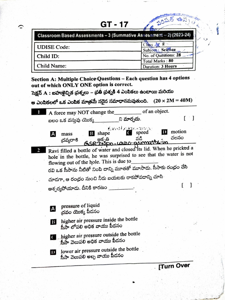 8th Class SA 2 Science 2023-24 Question Paper | PDF | Friction | Frequency