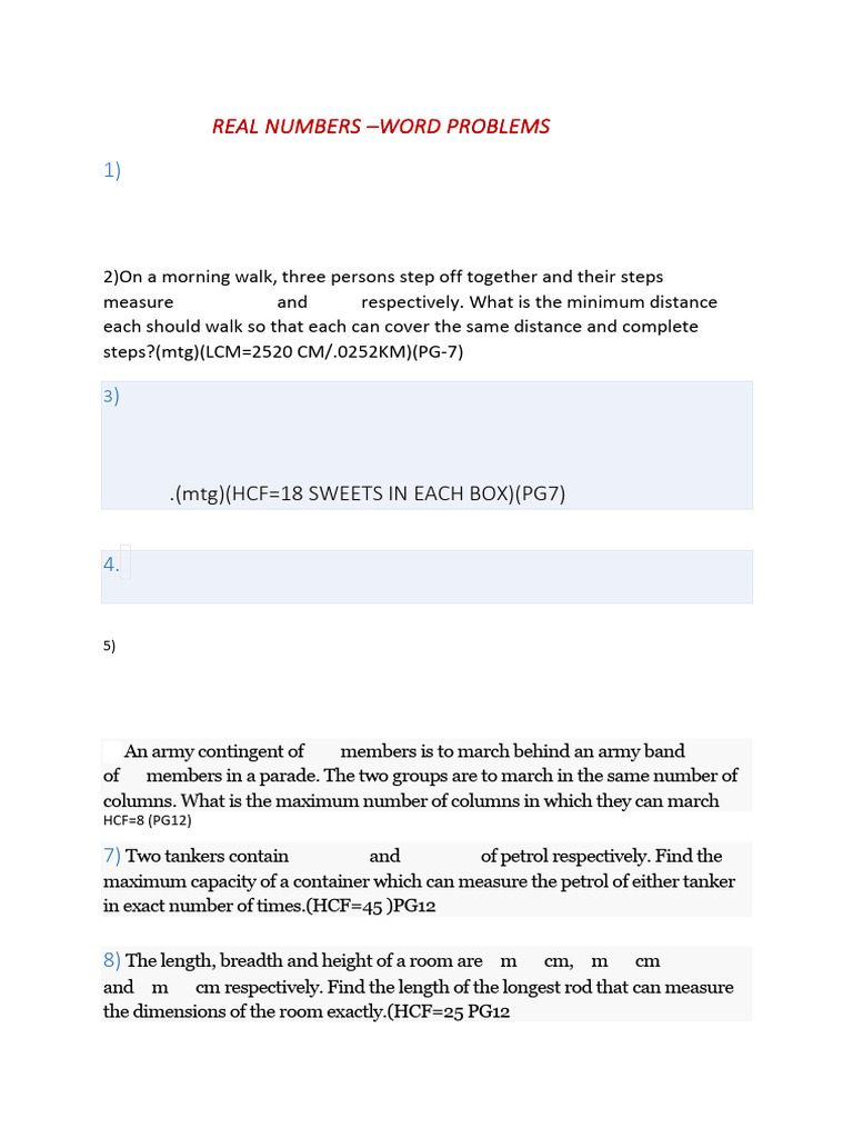 Real Numbers: Word Problems Solutions | PDF | Discrete Mathematics ...