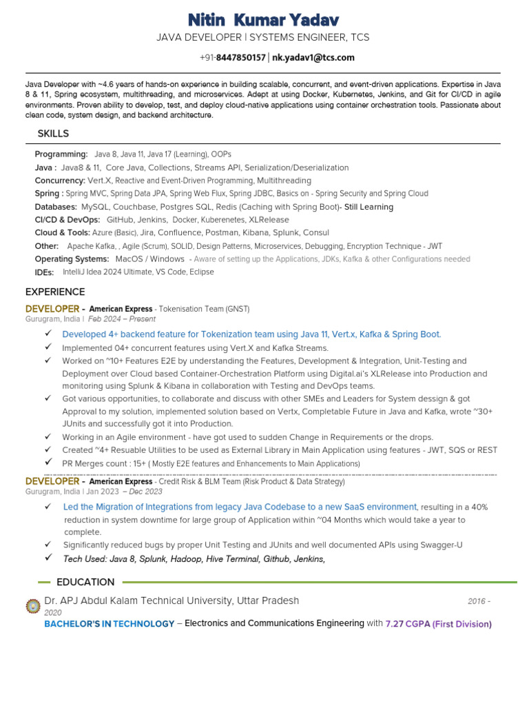 Resume Nitin Kumar Yadav TCS | PDF | Java (Programming Language ...