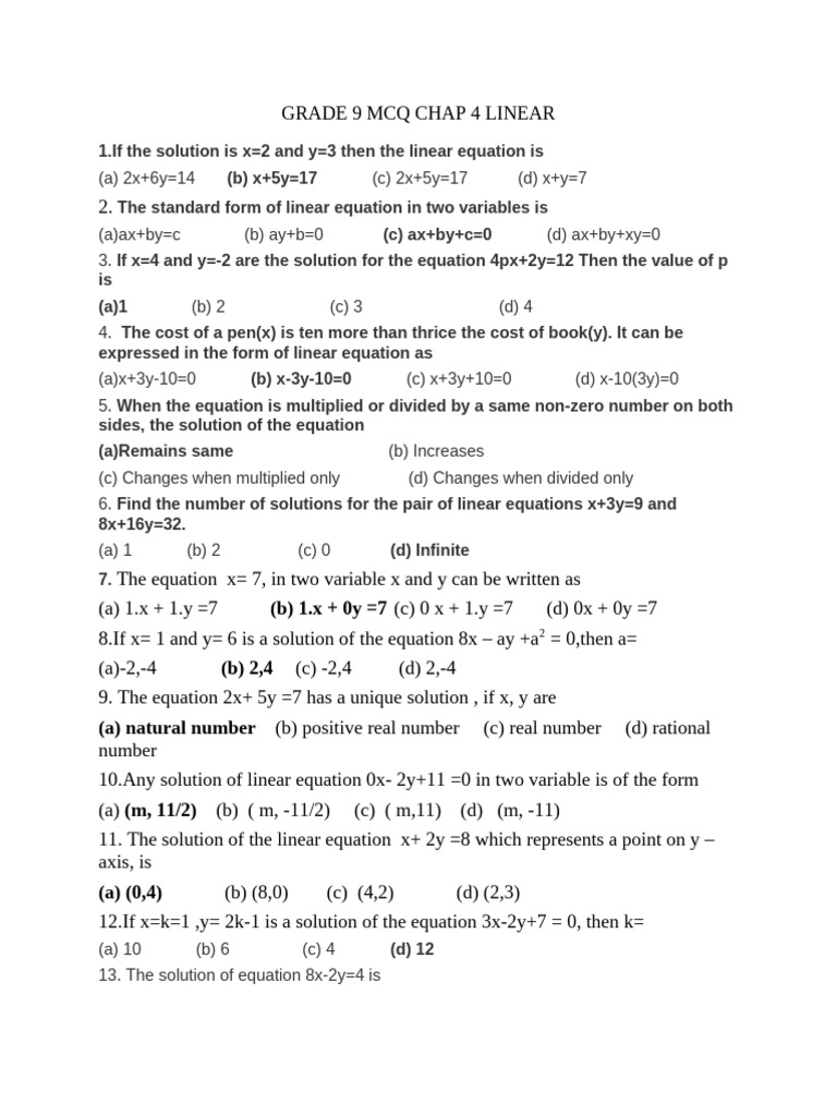 Grade 9 Linear Equation MCQs | PDF