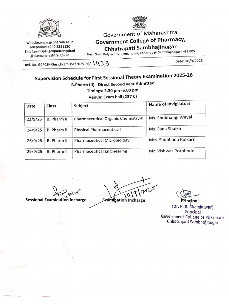 Supervision Schedule For DSY First Sessional Exam 2025-26 | PDF