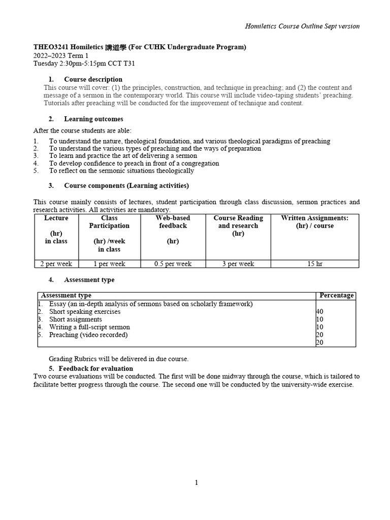 THEO3241 Homiletics Course Outline for CUHK Undergraduate | PDF ...
