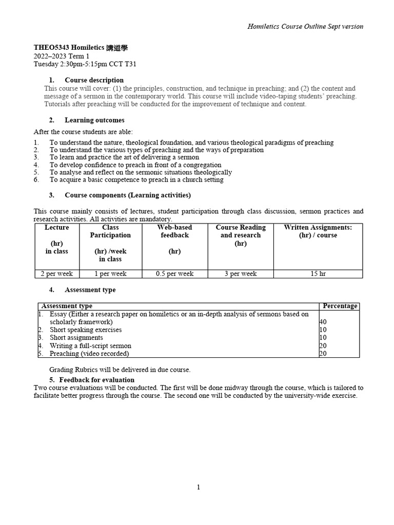 THEO5343 Homiletics Course Outline | PDF | Sermon | Homiletics