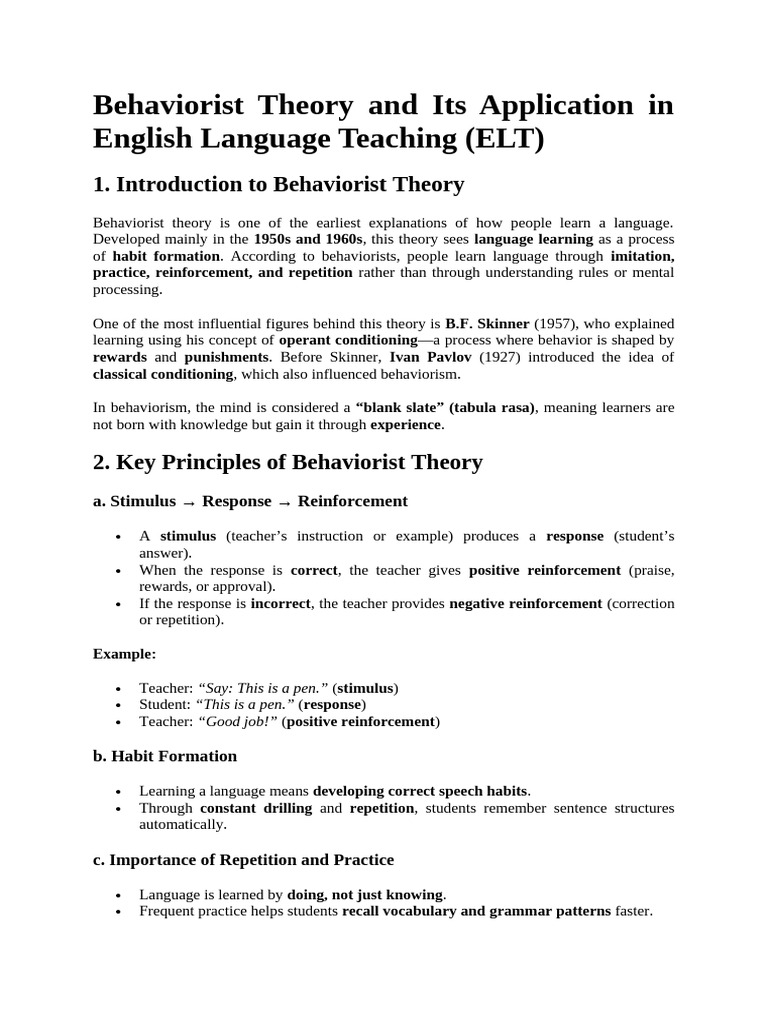 Behaviorist Theory And Its Application In English Language Teaching