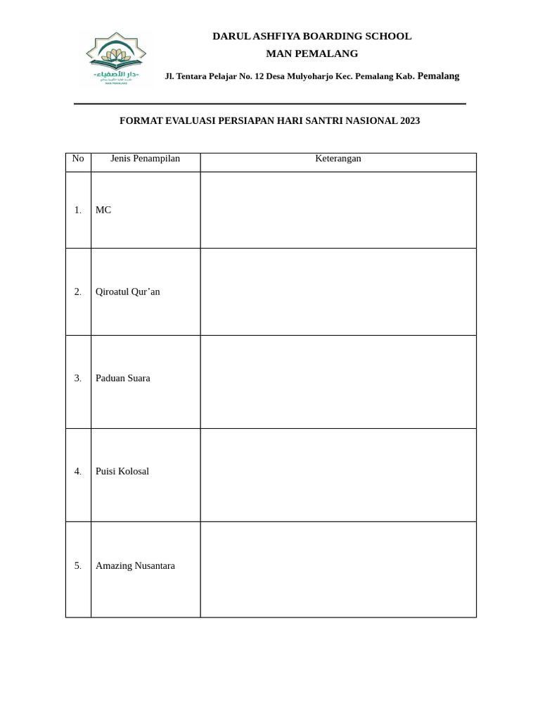 Blanko Penilaian Gladi Hari Santri Nasional 2023 - Copy | PDF