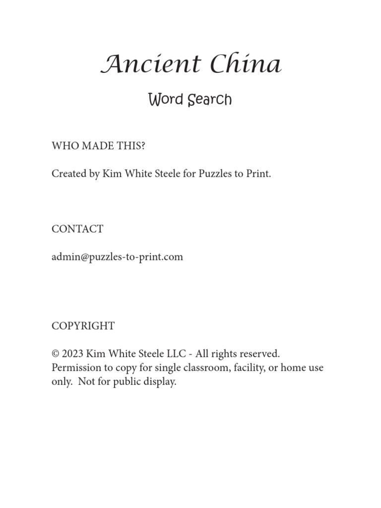 Ancient China Word Search | PDF | Word Search | Games Of Mental Skill