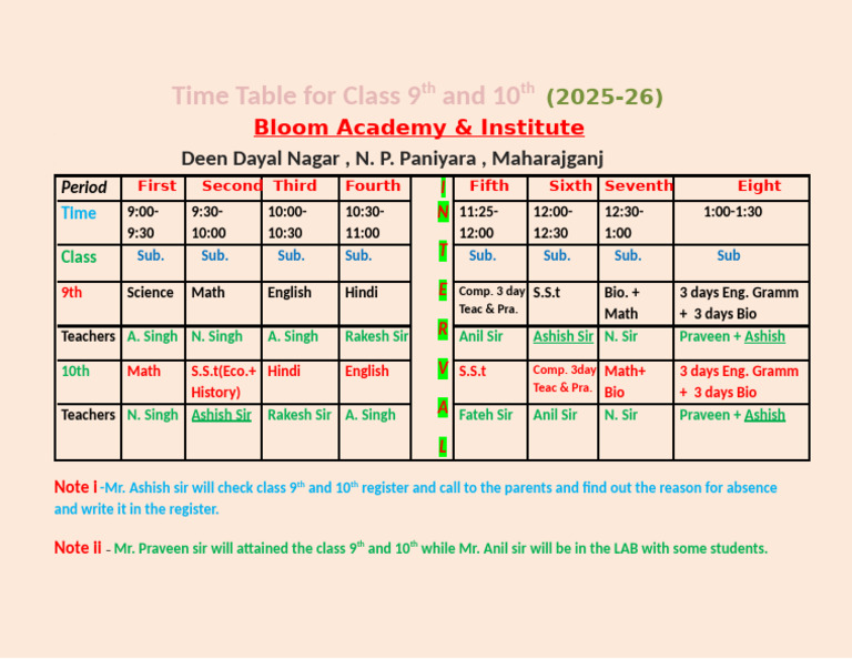 Time Table For Class 9th and 10th | PDF
