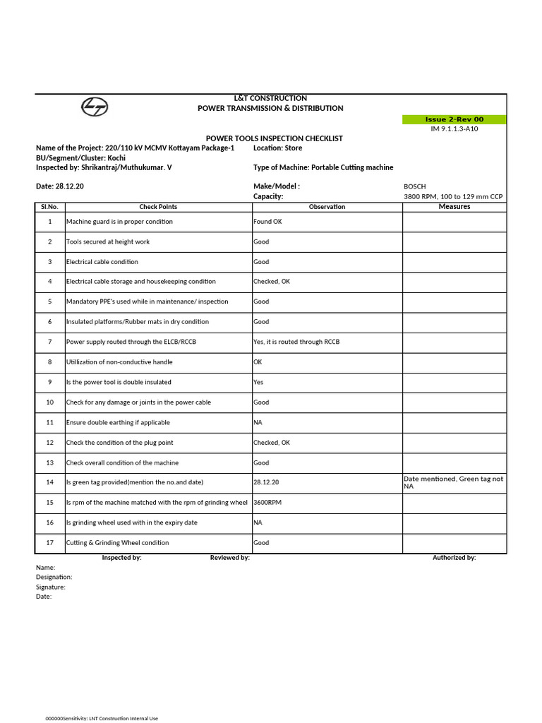 Power Tools Inspection Checklist Guide | PDF | Electric Power ...