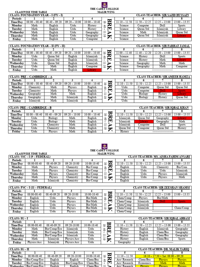 Cadet College Class Timetable Malir | PDF