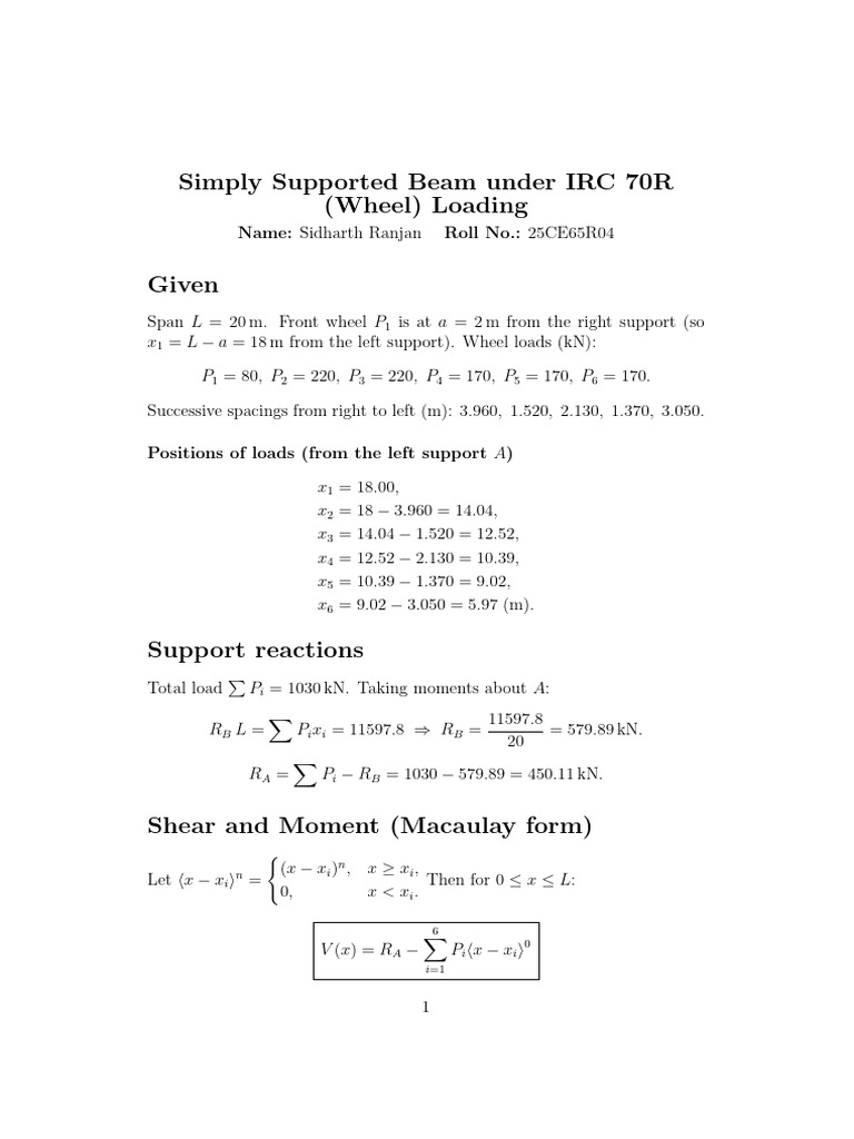 Simply Supported Beam Under IRC 70R (Wheel) Loading: Name: Roll No. | PDF