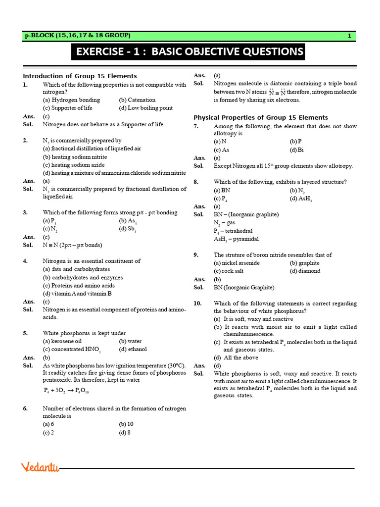 P - Block Elements (Group 15-18) EX-1 | PDF | Nitrogen | Nitrogen Dioxide