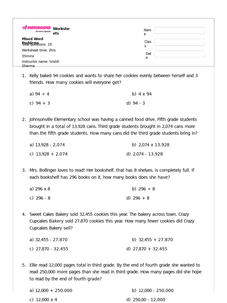 Mixed Word Problems Worksheet | PDF