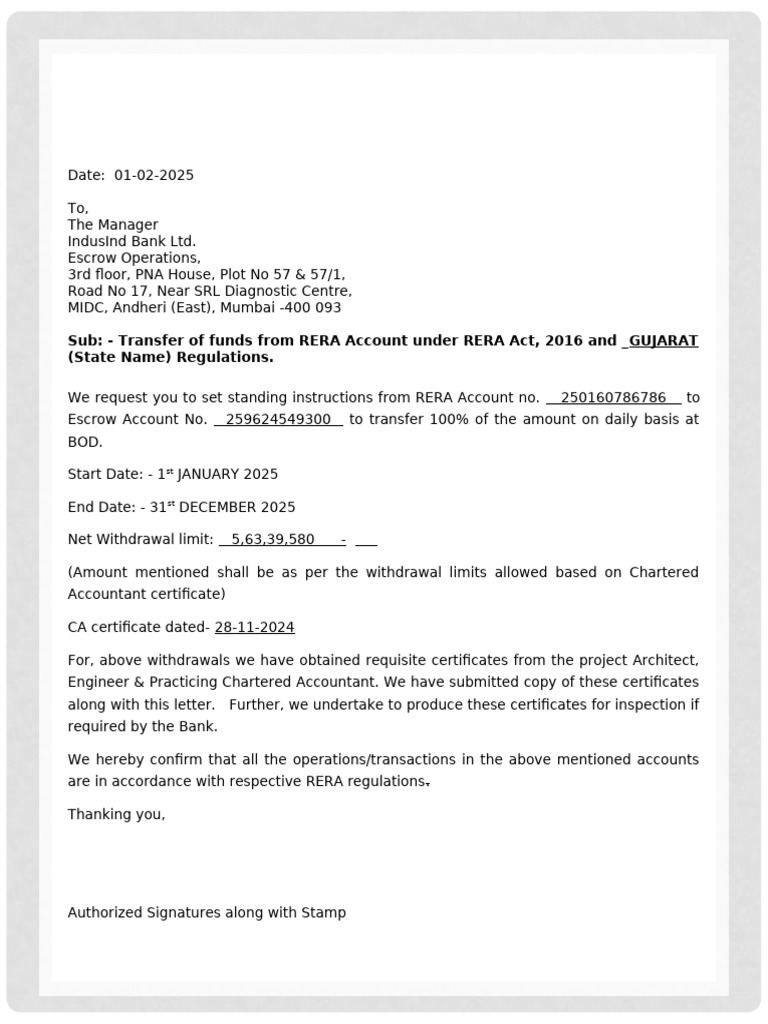 Fund Transfer Request Under RERA Act | PDF