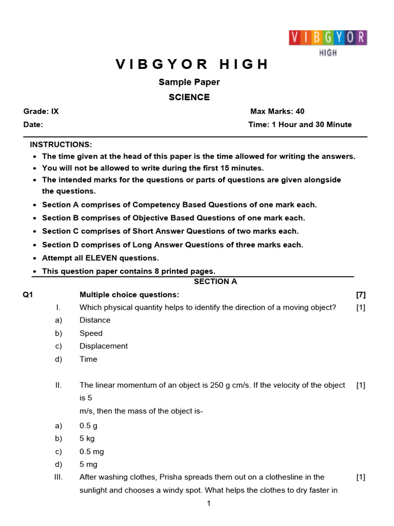 CBSE Grade 9 PT2 Science Sample QP AY 25-26 | PDF | Bone | Cell (Biology)