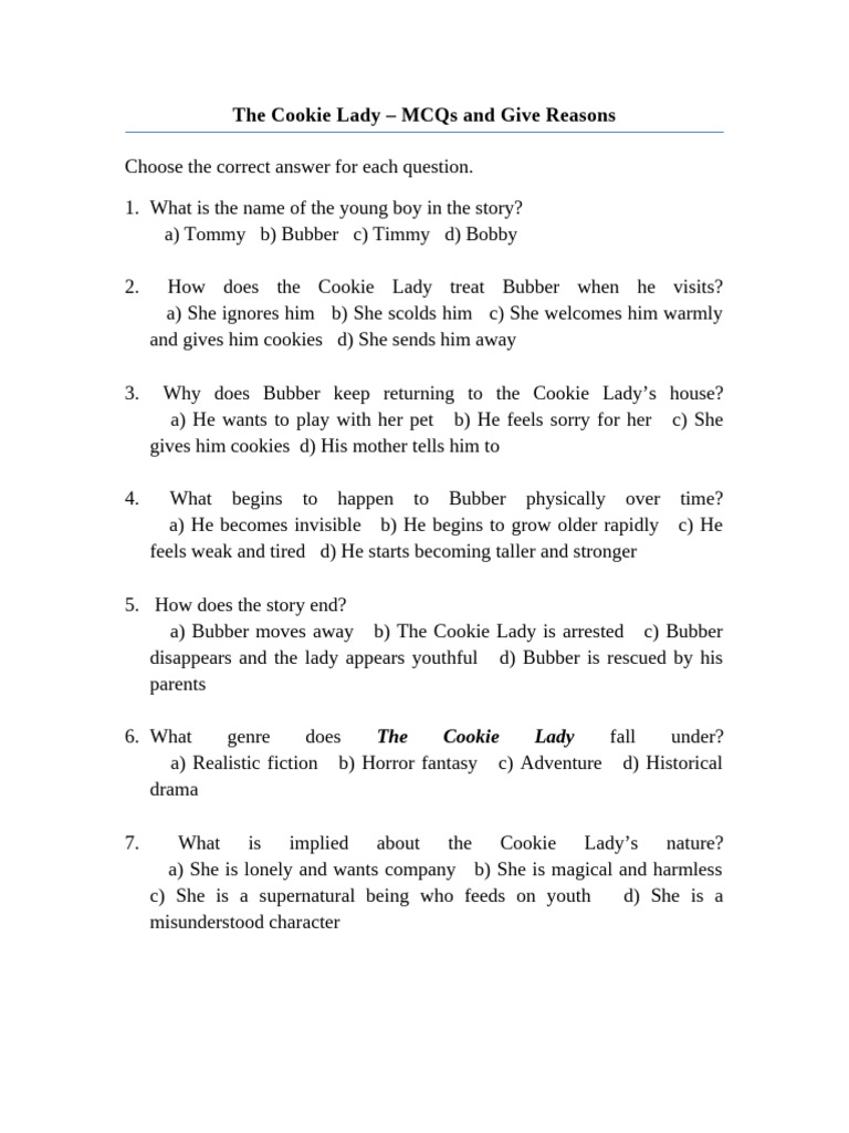 Cookie Lady Story MCQs and Analysis | PDF