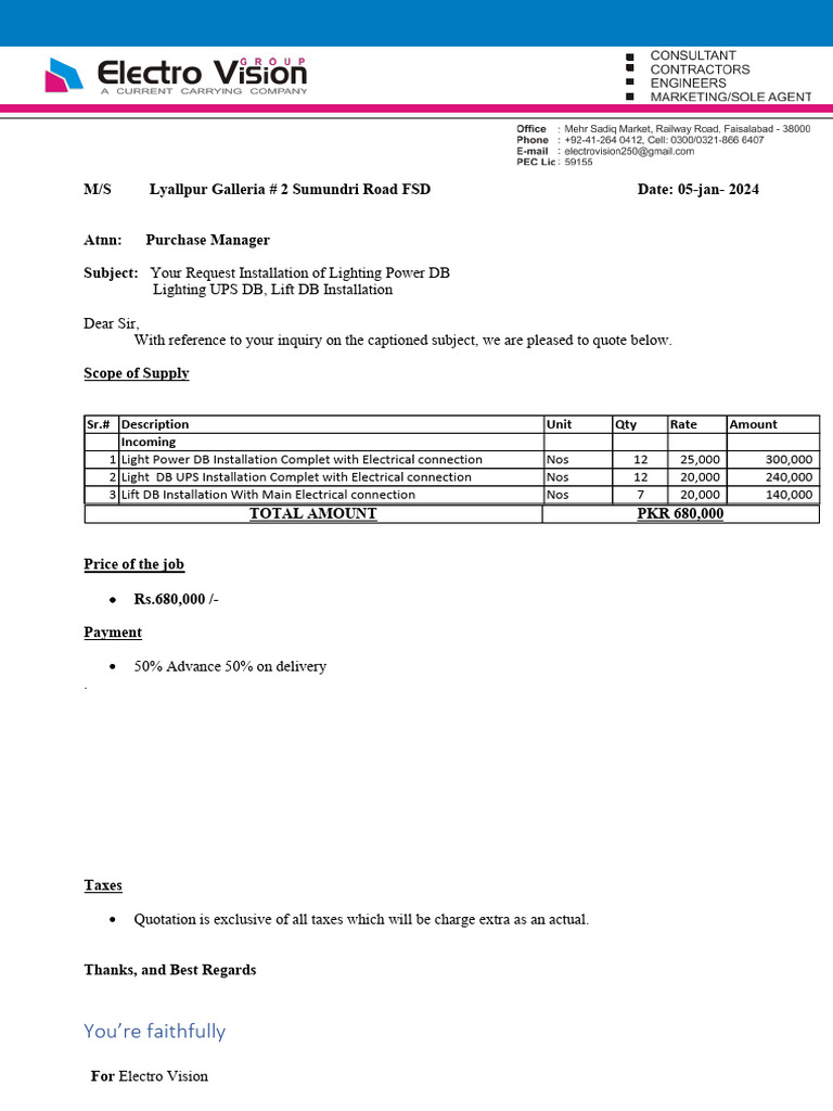 Lighting DB Installation Quotation | PDF