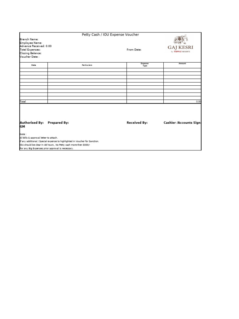 Petty Cash IOU Expense Voucher Template | PDF