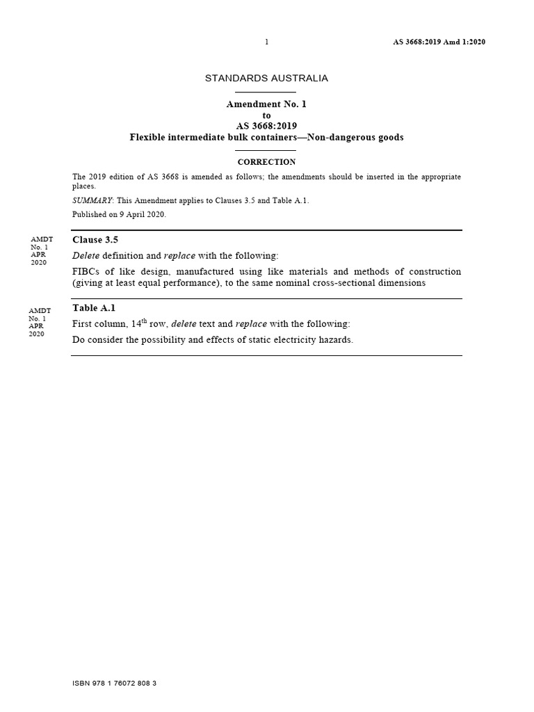 Amendment No. 1 To AS 3668:2019 Flexible Intermediate Bulk Containers-Non-Dangerous Goods | PDF